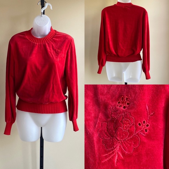 Vintage | Sweaters | Vintage 7s Red Velour Sweater Retro Cottagecore ...